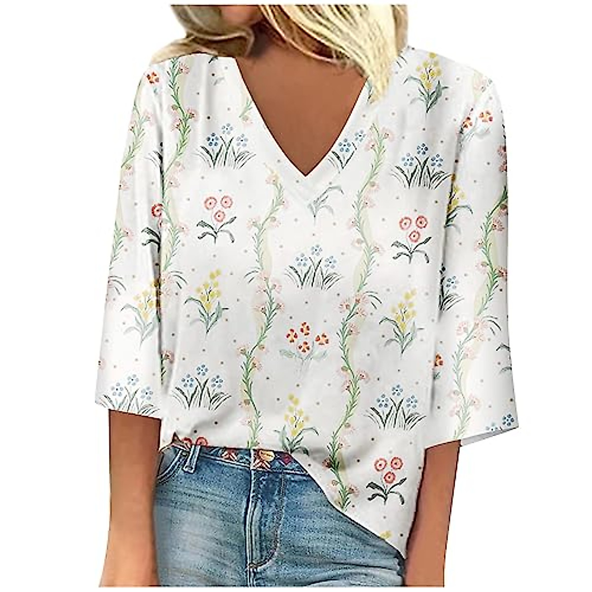 White Blouses for Women Dressy,Women's 3/4 Sleeve Summer Tops Cotton Womens White Tops 3/4 Sleeve Graphic Tshirts Shirts for Women 3/4 Sleeve Cotton Tops for Women(3-White,XX-Large)