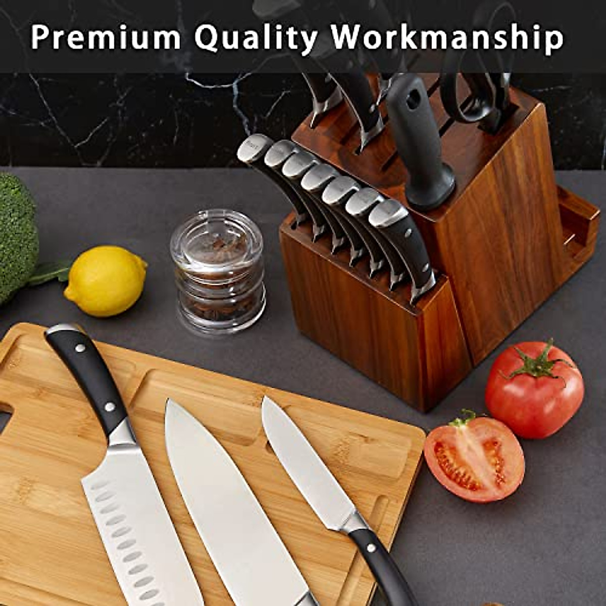 NIUXX 18-Pieces Kitchen Knife Block with Knives, Acacia Wood Knife Organizer with Cutting Board Countertop, Large Knife Rack Holder for Scissor and Sharpener, Ideal Gift Choices
