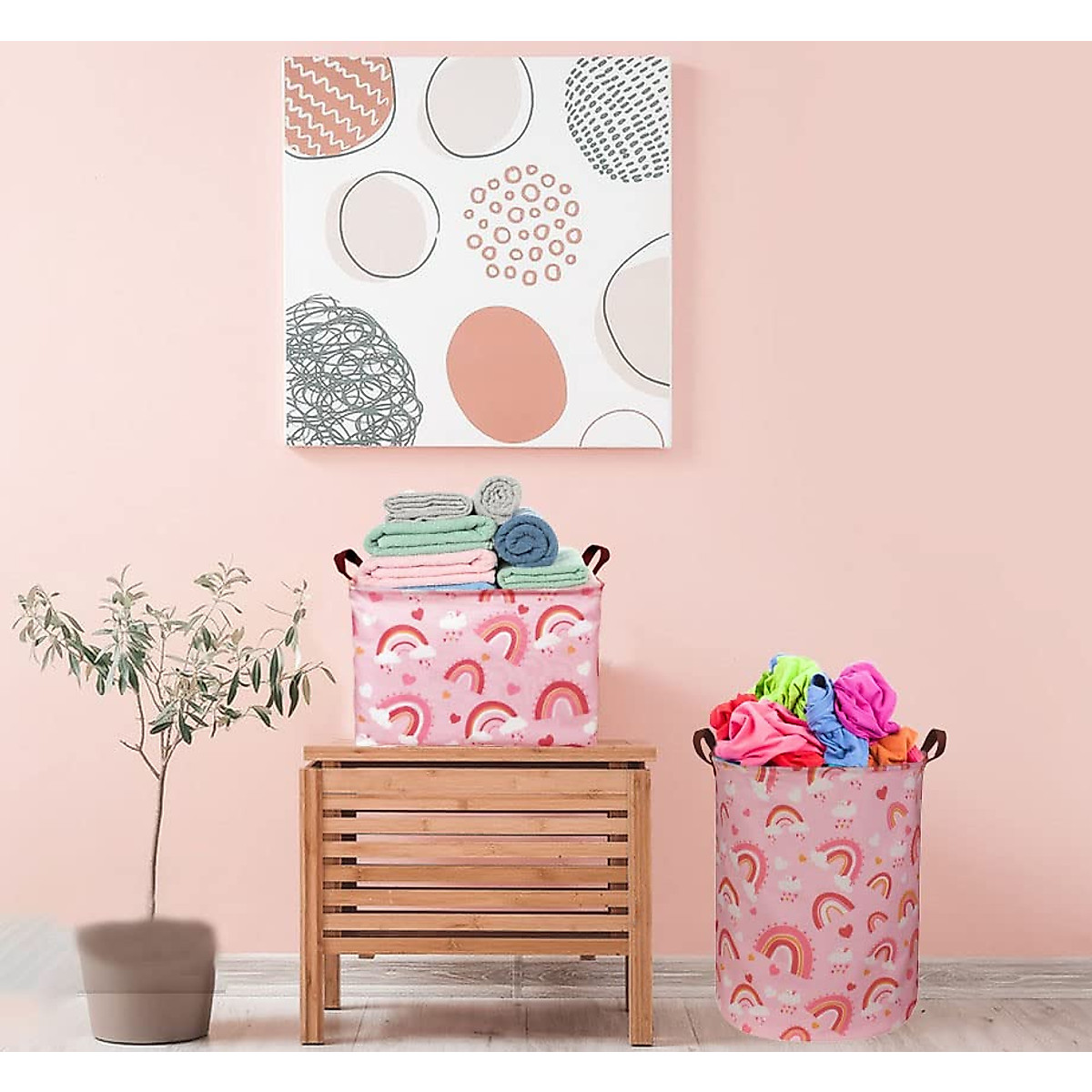 Sanjiaofen Pink Hamper,Rainbow Laundry Basket Collapsible Girls Storage Baskets for Kids Room Decor,Toy Organizer,Gift Hamper(Pink hamper) …