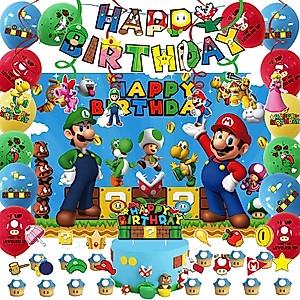 Mario Birthday Party Supplies Decorations Mario Backdrop Banner Cake Topper Balloons for Mario Birthday Party Favors
