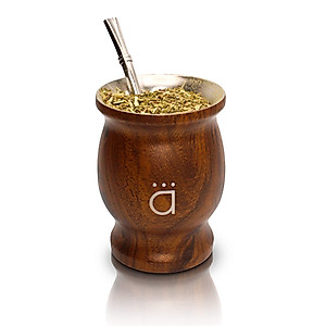 Kalmateh Yerba Mate Gourd Set - Traditional Modern Mate Cup Includes Bombilla Filter Straw and Cleaning Brush- Double Walled Stainless Steel (Wood, 8.6 oz)