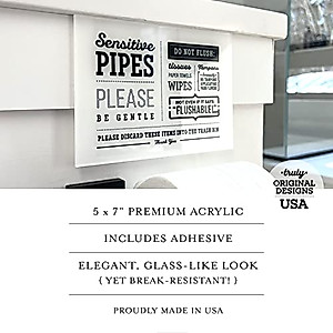 5x7 Inch Sensitive Pipes Designer Bathroom Sign ~ Ready to Stick, Lean or Frame ~ Premium Acrylic Plexiglass, Durable (White)