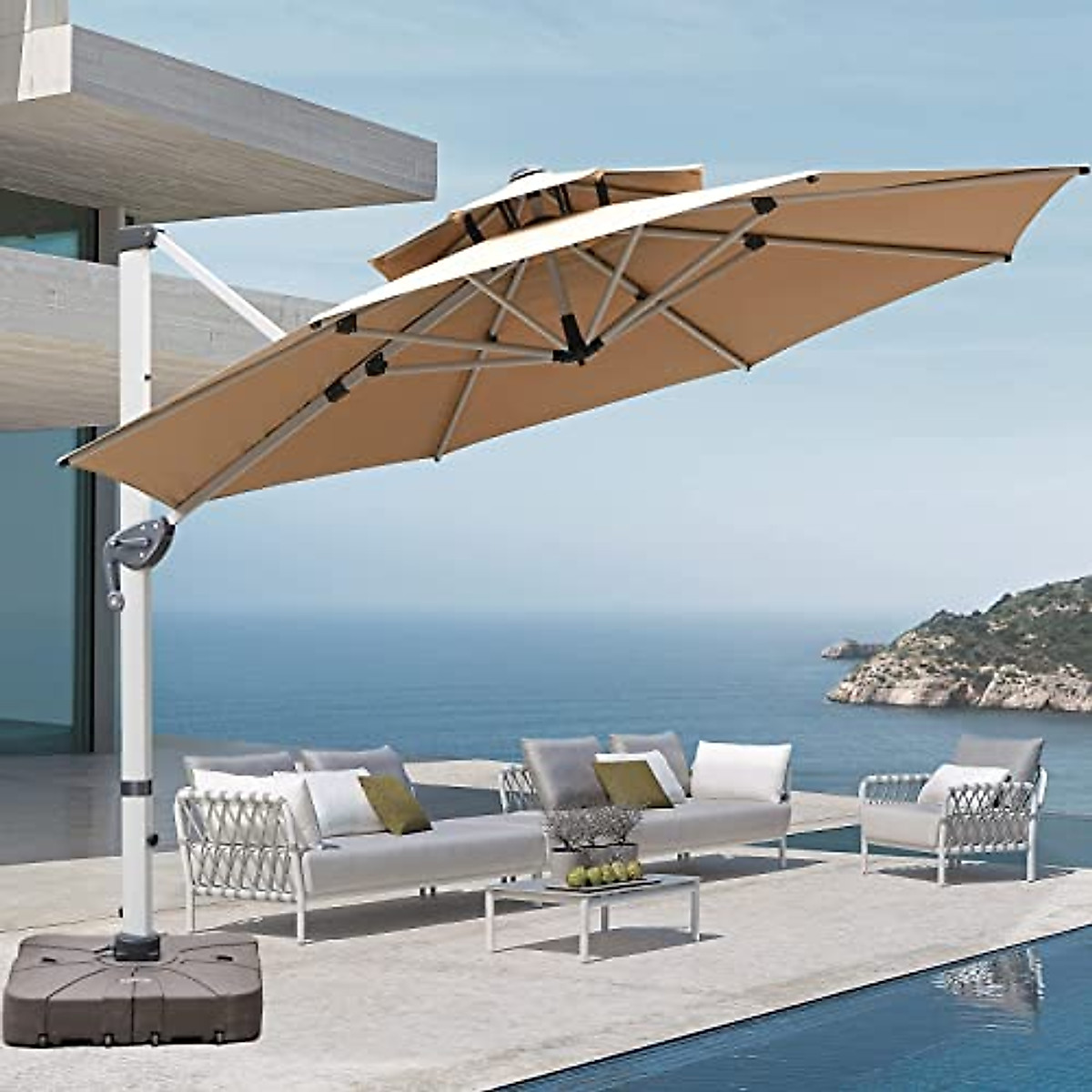Mojia 11 FT Cantilever Patio Umbrella with Cross Base and Cover Included - 360° Rotation Offset Hanging Umbrella Large Heavy Duty Outdoor Umbrella with Easy Tilt for Pool Backyard Deck Garden, Khaki