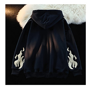 Ponitrack Aesthetic Hoodie Y2K Hoodie Gothic Hoodie Flame Cross Print Streetwear Women Oversized Hoodie Zip Up (Black,L,Large)