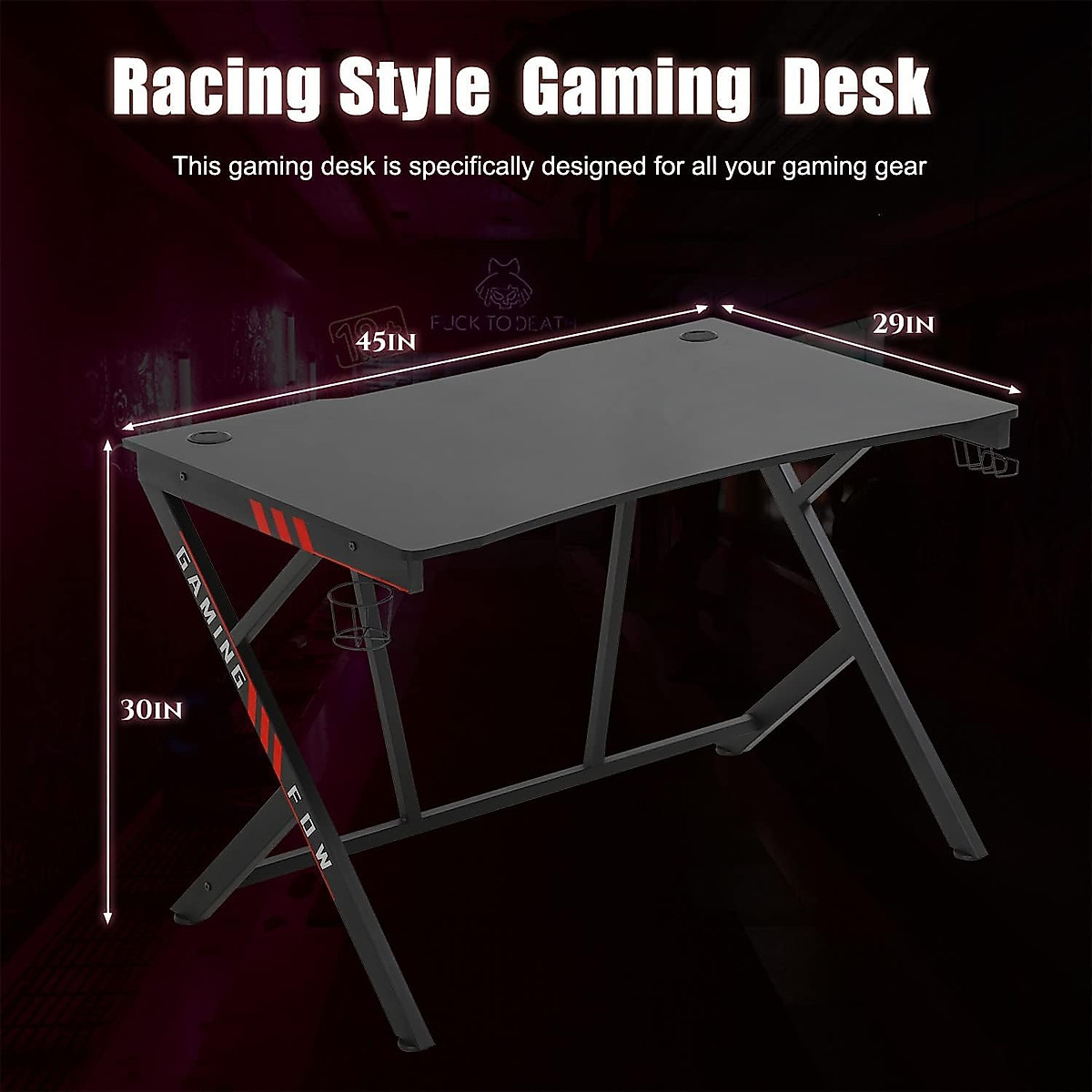PayLessHere Computer Gaming Desk 35 Inch Z-Shaped PC Computer Desk Ergonomic Gaming Table Gamer Workstation Headphone Hook, Red