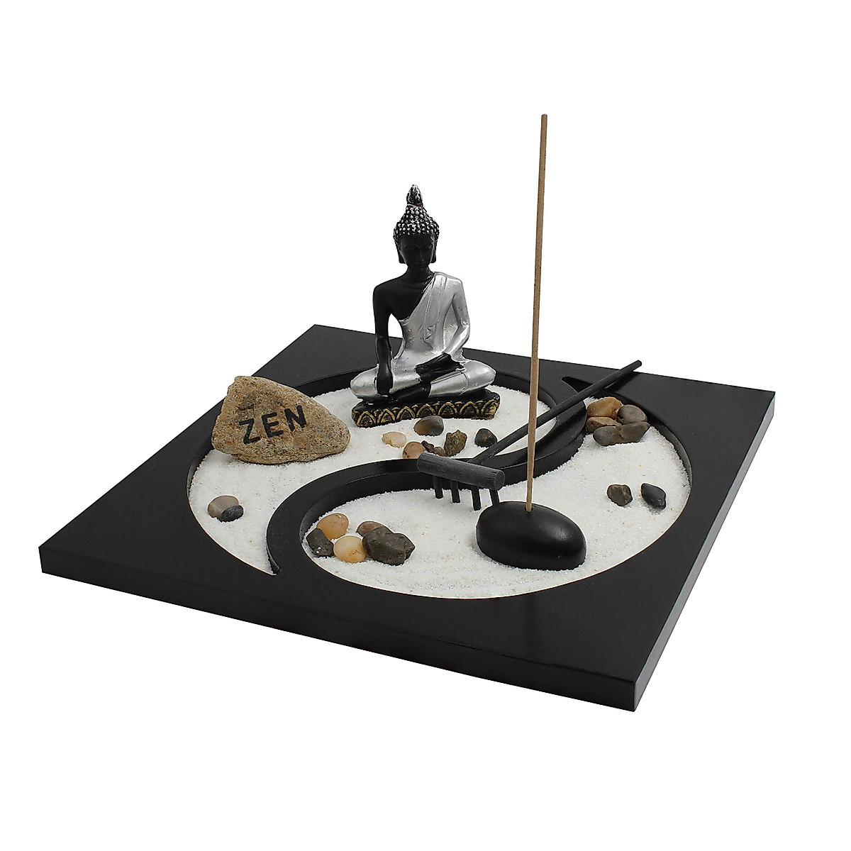 Royal Brands Yin and Yang Zen Garden with Buddha, Rake, Sand and Rock Garden, and Incense Holder – Peace and Tranquility (9"x9"x6")