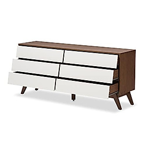 Baxton Studio Hildon Modern 6-Drawer Storage Dresser Mid-Century/Particle Board/MDF with PU Paper/White/Walnut Brown