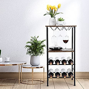 Wine Rack Table, FreeStanding Wine Bar Rack, Wine Bar Cabinet with GlassBottle Holder, Metal and Wood Industrial Wine Cabinet for Home, Floor Liquor Wine Cabinet Storage, for Bar Kitchen Dining