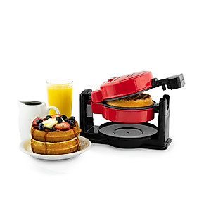 Nostalgia MyMini Flip Belgian Waffle Maker, Waffle Iron with Non-Stick Surfaces, Cool Touch Handles, & Removable Drip Tray, Makes Classic Belgian Style Waffles, Egg Bakes, Cinnamon Rolls, Red