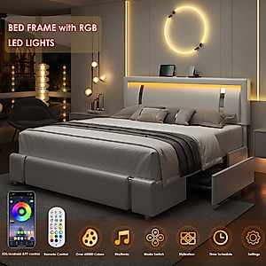 Keyluv King Size Bed Frame with RGB LED Lights & 2 Storage Drawers, Modern Upholstered Platform Bed with Iron Metal Decor, USB Charging Ports, White