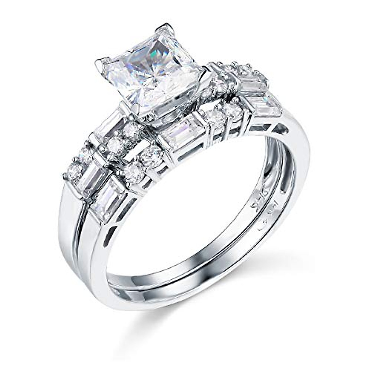 Wellingsale Ladies Solid 14k White Gold Polished CZ Cubic Zirconia Princess Cut Engagement Ring and Wedding Band Bridal Set - Size 8