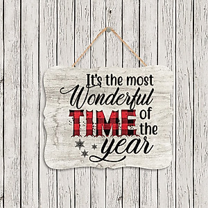 ArogGeld It's The Most Wonderful Time of Year Wood Sign Red Black Buffalo Plaid Wooden Christmas Wall Hanging Plaque Holiday Home Decoration for Front Door Garden Porch, White, q2kpkxlexvxg, 8x10''
