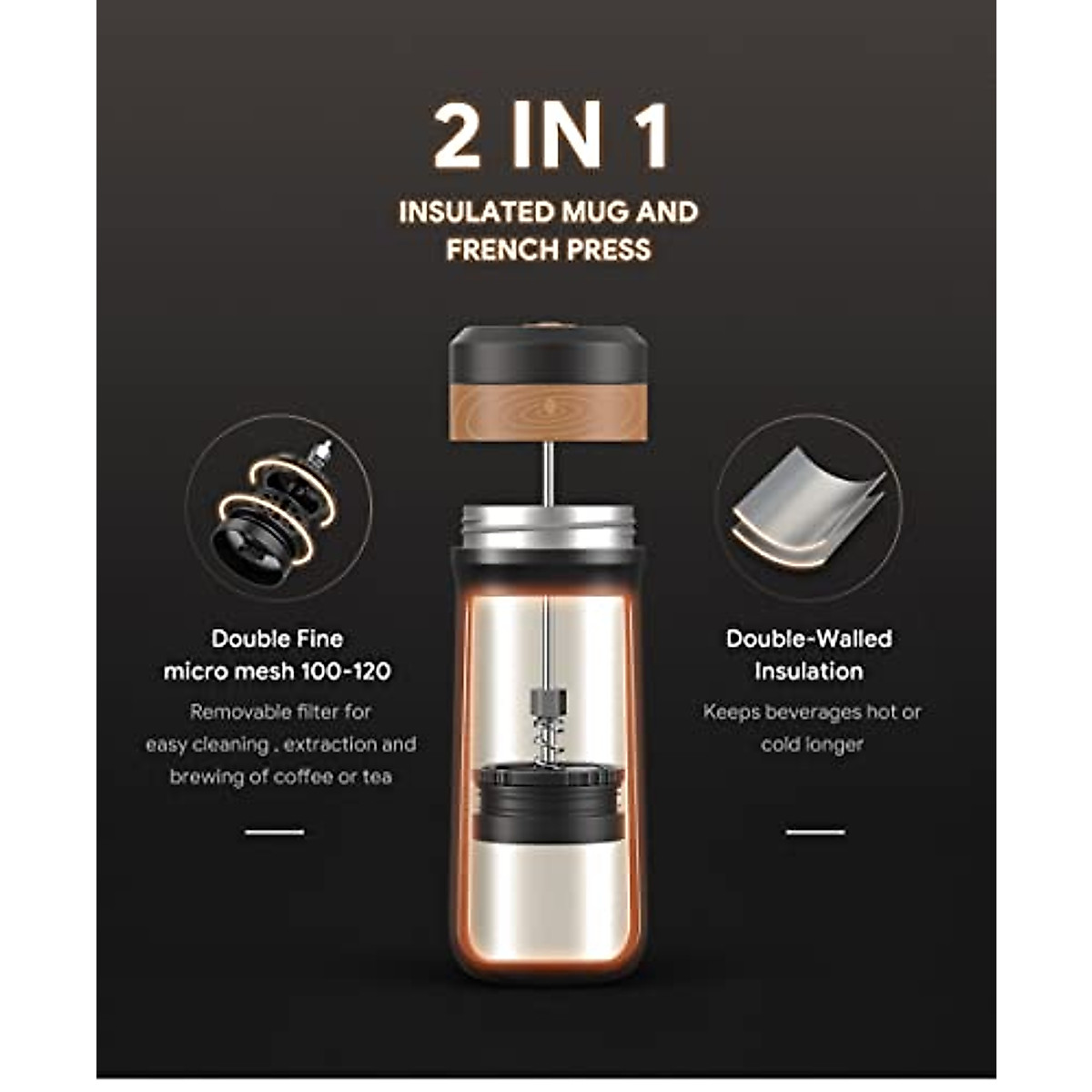 i cafilas Portable French Press Coffee Maker with Unique Filter Vacuum Insulated Travel Coffee Mug 12oz Hot/Cold Brew Coffee Press Stainless Steel Coffee & Tea Maker Great for Camping and Travel