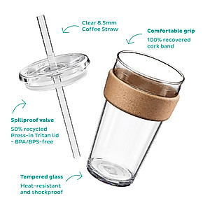 KeepCup Cold Cup - Brew Cork Tempered Glass Ice Coffee Tumbler with Recovered Cork Band, Lid and Straw - 16oz (454ml)
