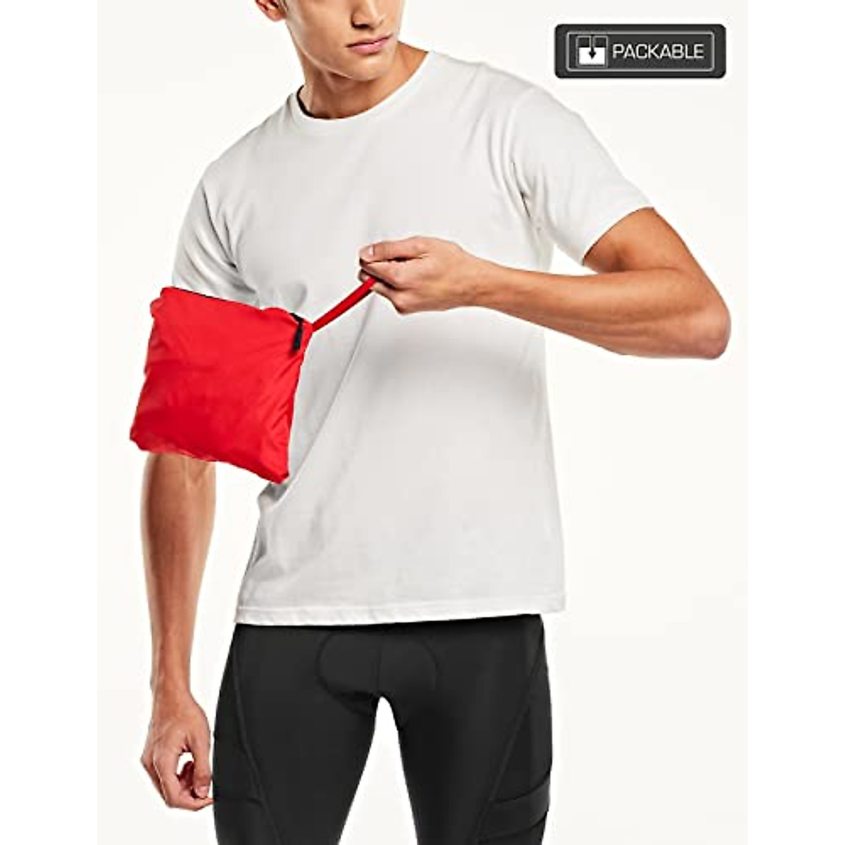 TSLA Men's Cycling Waterproof Jacket, Reflective Hoodie Windbreaker, Packable Bike Rain Jackets with Back Pocket, Cycling Red, Large