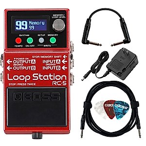 Boss RC-5 Loop Station Bundle with Power Adapter, 10ft Instrument Cable, 6in Patch Cable, and Picks