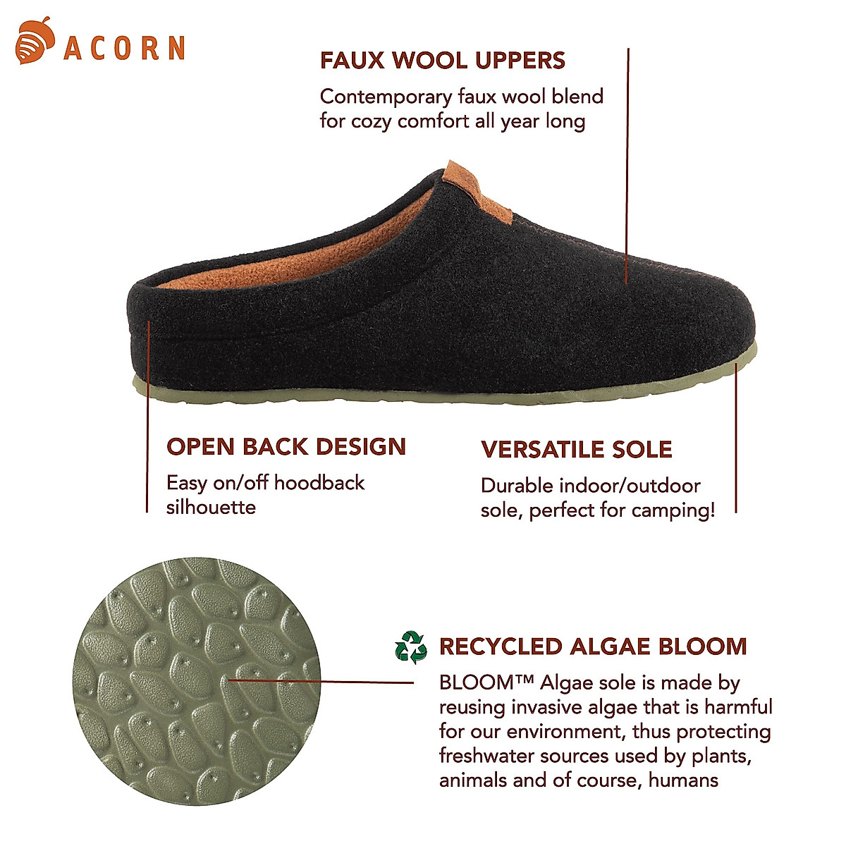 Acorn mens Algae-infused Recycled Parker Hoodback Slipper, Black, 9 10 US