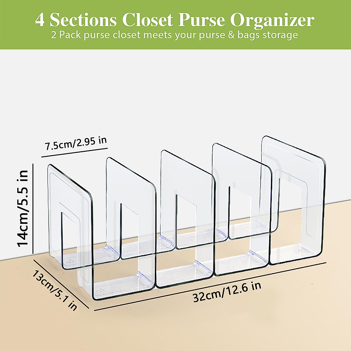 2 Pcs Purse Organizer for Closet, Acrylic Clear Purse Storage Organizers, Closet Organizers and Storage Purse Handbag Divider Holder, 4 Sections Purse Organizers Dividers in Bedroom Office (bright)
