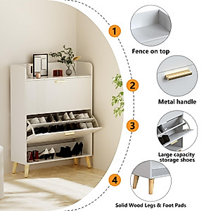 Garden 4 you Shoe Cabinet with 2 Flip Drawers, Freestanding Shoe Cabinet Organizer with Wooden Leg, Narrow Shoes Storage Cabinet for Entryway, Hallway, Living Room, Bedroom (White)