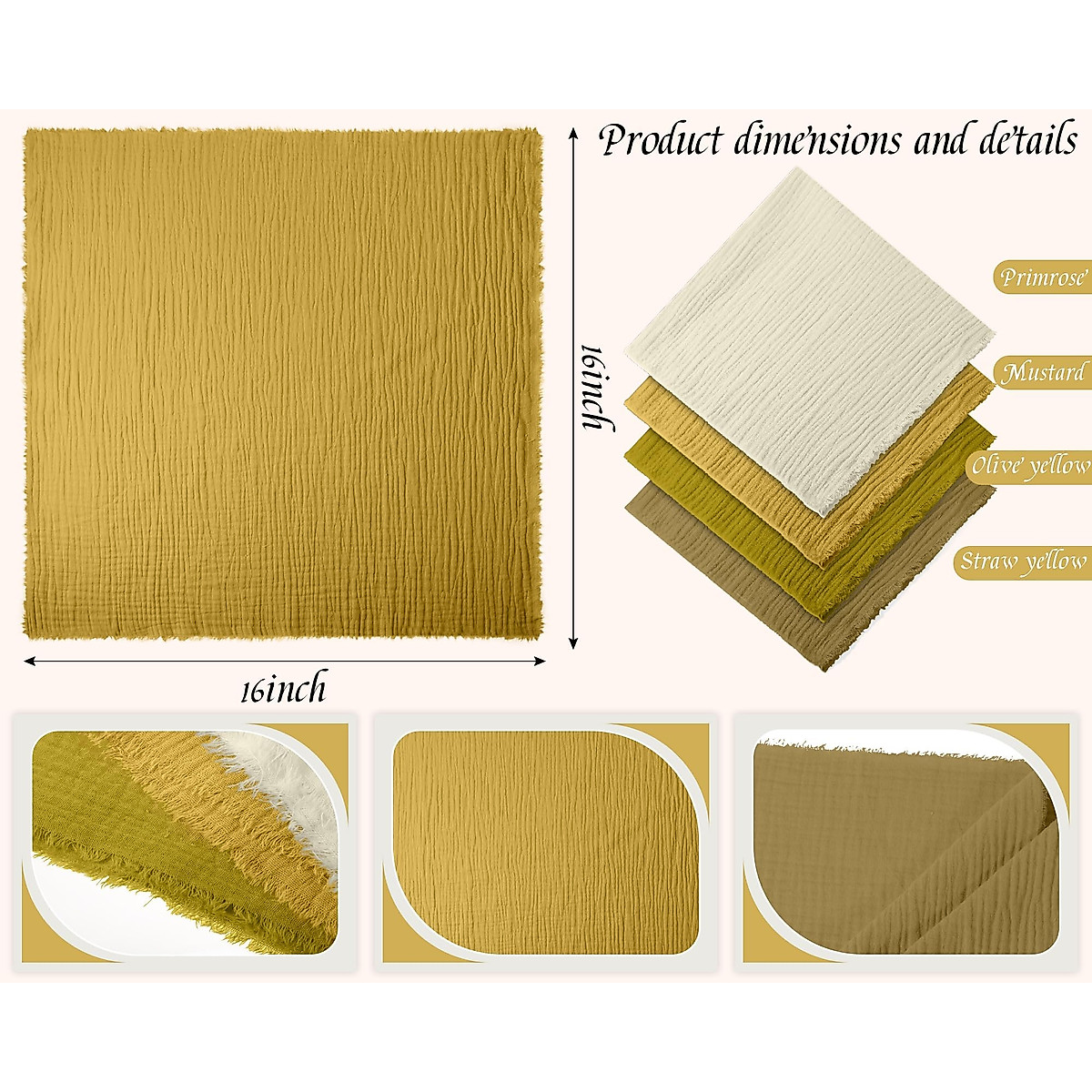 12 Pack Handmade Cloth Napkins with Fringe 100% Cotton Linen Napkins 16"x16" Rustic Cheesecloth Cloth Napkins for Wedding Party(Yellow Series)