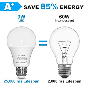 ORALUCE LED Light Bulb, A19 9W Lightbulbs, 60 Watt Equivalent, 120V 900LM, 6500K Cool White, E26 Medium Base, Non Dimmable, Energy Efficient, UL Listed, 6 Pack