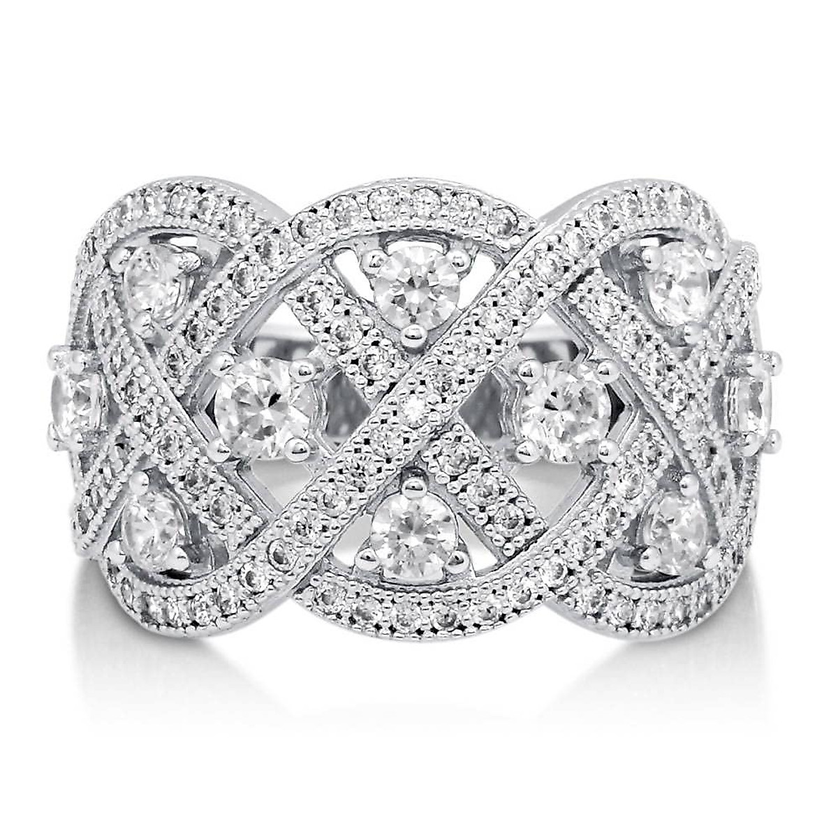 BERRICLE Sterling Silver Woven Cubic Zirconia CZ Statement Art Deco Cocktail Fashion Ring for Women, Rhodium Plated Size 7