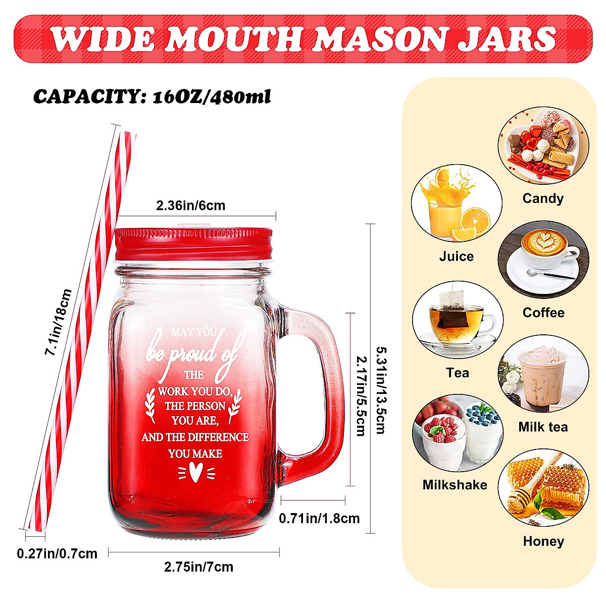 Teacher Gifts Teacher Glass Cups 16 Oz Teacher Appreciation Mason Jar Mugs with Handles Lids and Straws Teacher Appreciation Week Gift Teacher Tumbler Cup for Back to School Graduation (20 Pack)