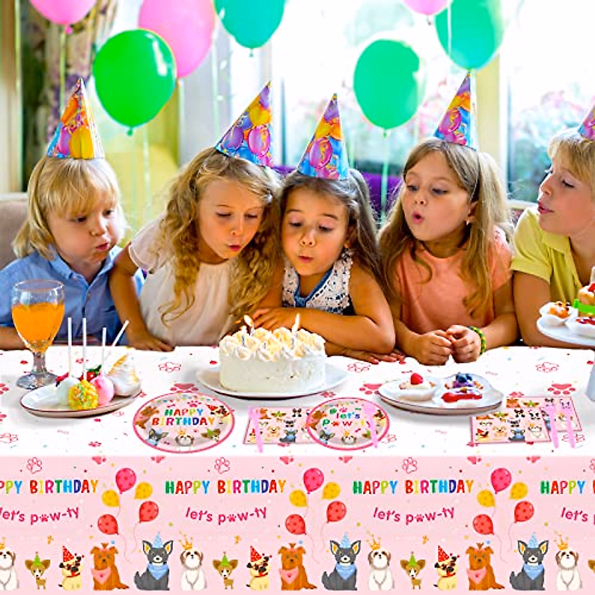 98pcs Dog Birthday Party Decorations Puppy Tableware Set Plates Napkins Pink Dog Theme Tablecloth for Girls Birthday Lets Pawty Party Supplies Kit Pet Dog Table Cover Dinnerware Paw Print Party Favors