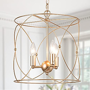 classy leaves Gold Chandelier, Gold Pendant Lighting, Cylinder Foyer Pendant Lighting for Kitchen Island & Dining Room, Gold Finish, 13’’ L x 13’’ W x 14’’ H