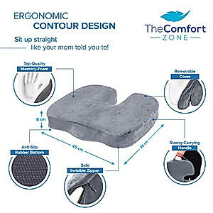 TheComfortZone Seat Cushion for Office Chair Memory Foam Coccyx Cushion Butt Pillow for Sciatica Tailbone & Back Pain Relief Long Sitting Office Desk Gaming Chair Car Seat Cushion Driving-Grey