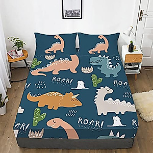 Wajade Blue Dinosaur Sheet Sets Twin Size Cute Cartoon Dinosaur 3D Plants Print Bedding Set for Kids Boys Girls 2pcs (1 Deep Pocket Fitted Sheet+1 Pillowcases)