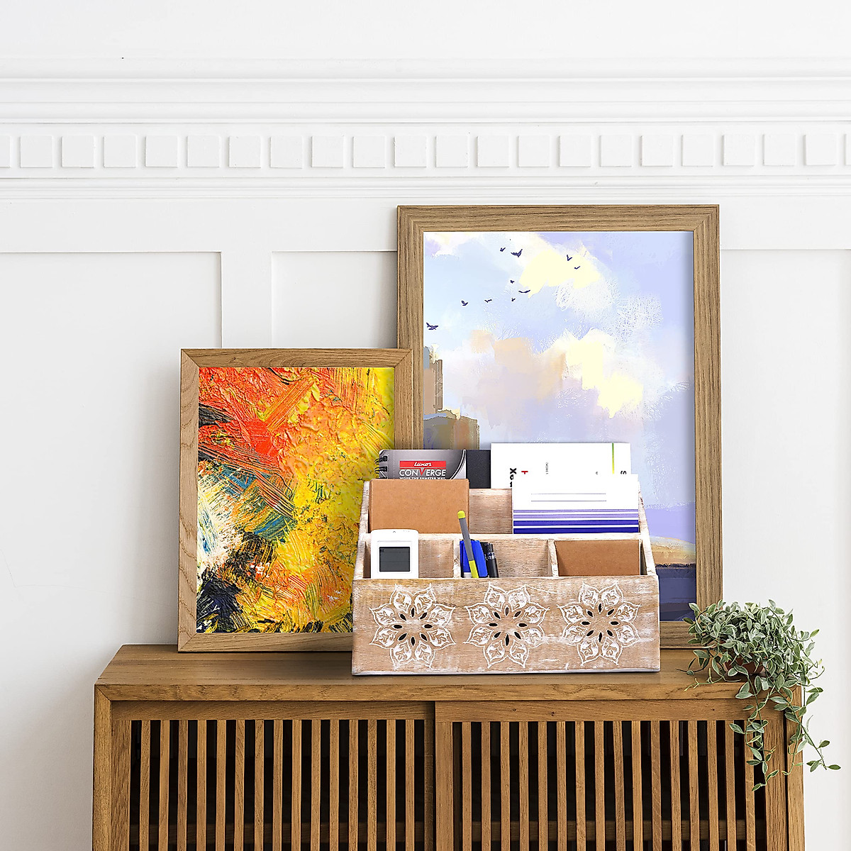 3-Slot Wooden Desk Organizer – Multi-Purpose Utensil Caddy for Kitchen Countertop, Work Desk, Bathroom, Cutlery Caddy, Pencil Caddy, Office Supplies Organizer – 13.75 Inches, Grey Over Natural/Black