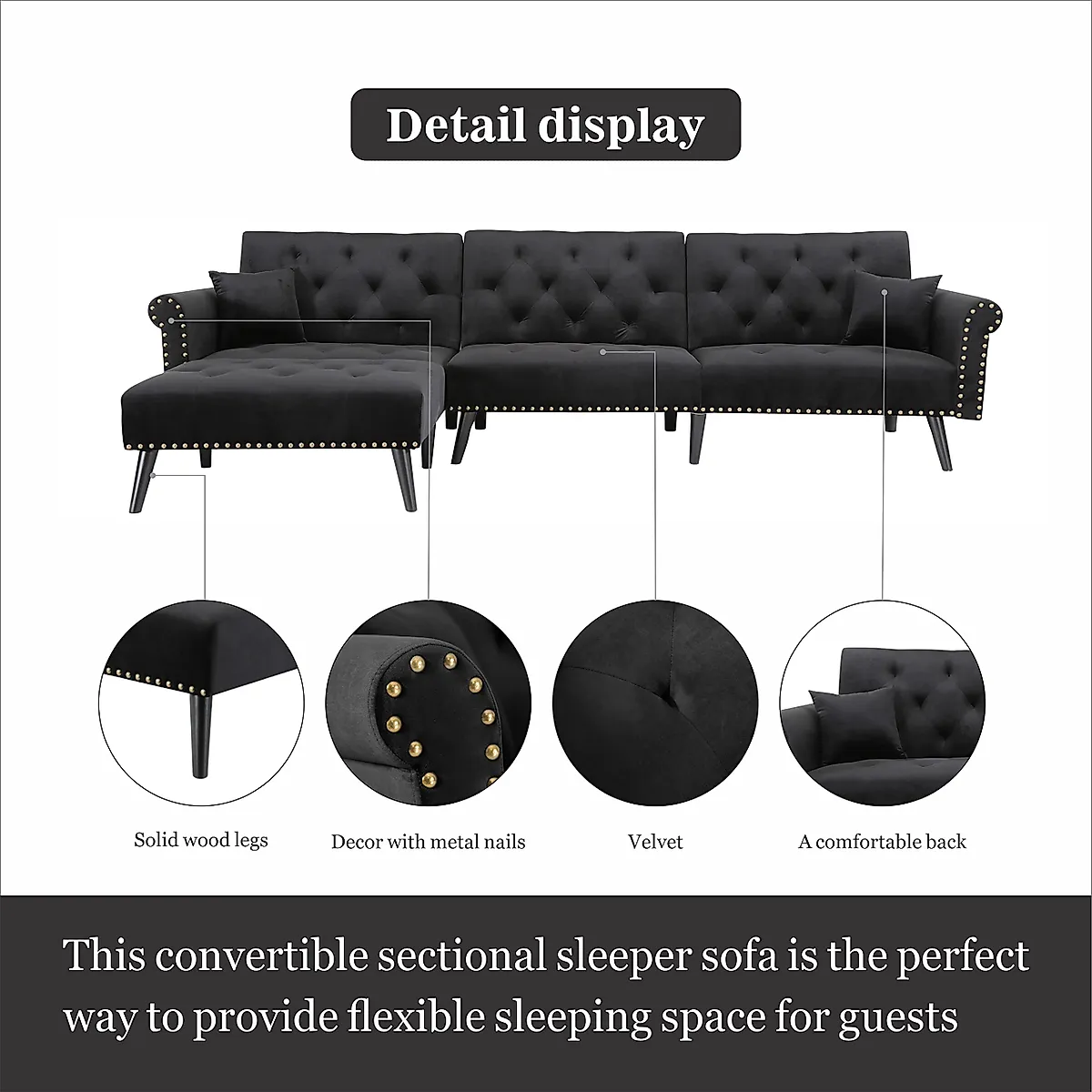 KoiHome Sectional Sofa Right Hand Facing Velvet Button Tufted, L Shape Chaise with Nail Head Detail, Modern 4 Seat Cushion & Wood Leg, 2 Pillows, Couch for Living Room,Office, Black