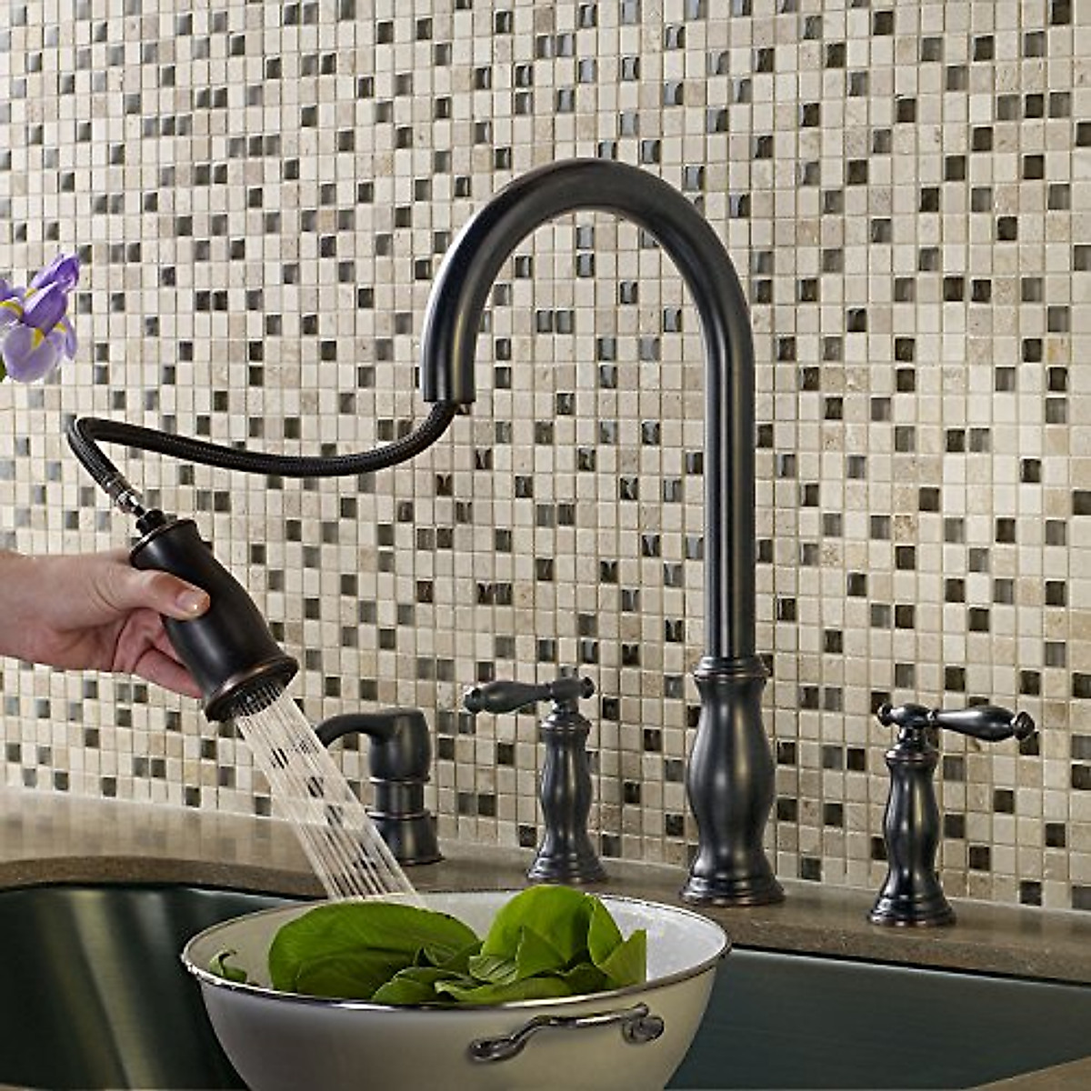 Pfister Hanover Kitchen Faucet with Pull Down Sprayer and Soap Dispenser, 2-Handle, High Arc, Tuscan Bronze Finish, F5314HNY