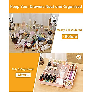 Famhap 16 PCS Pink Desk Drawer Organizers, Versatile Bathroom and Vanity Drawer Organizer Trays, Storage Bins for Makeup, Bedroom, Kitchen Gadgets Utensils and Office (Pink)
