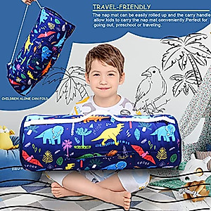 Cloele Dinosaur Toddler Nap Mat with Reusable Pillow and Minky Blanket - Kids Sleeping Bag for Boys 50"x20" Blue Kids Preschool Nap Sack - Soft Perfect for Kindergarten Sleeping Mat Travel Sleepovers