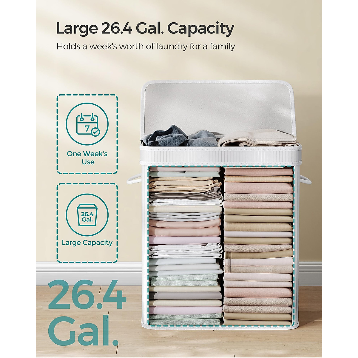 SONGMICS Laundry Hamper with Lid, Bamboo Laundry Basket, Removable Machine Washable Laundry Basket, with Handles, 26.4-Gallons, for Laundry Room, Bedroom, Bathroom, Cloud White ULCB063W01