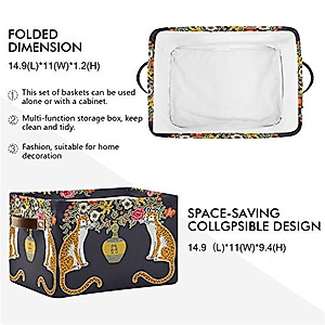 Chinese Tiger Chinoiserie Flower Foldable Storage Basket, Large Collapsible Organizer Storage Bin Cube Toys Storage Boxes with Handles for Bathroom Kids Nursery Closet Storage, 2 Pack