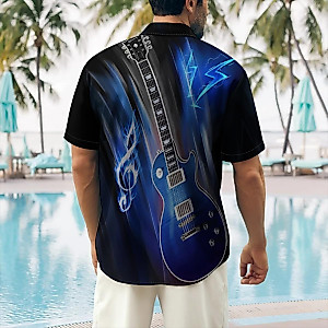 Ecosunny Men's Blue Lightning Electric Guitar Shirts Short Sleeve Hawaiian Gradient Casual Button Down Music Shirt