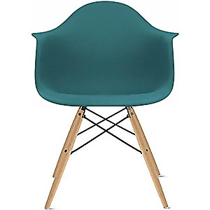 2xhome Modern Dining Side Chairs from Molded Plastic Armchair Shell with Natural Wooden Legs, Teal, Set of 2