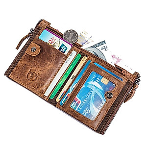 BULLCAPTAIN Genuine Leather Wallet for Men Vintage Bifold with Double Zipper Pockets (Brown)
