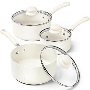 MICHELANGELO Sauce Pan With Lid, Granite Nonstick Saucepans Set, 1QT&2QT&3QT Saucepan With Lid, Multipurpose Cooking Pots, White