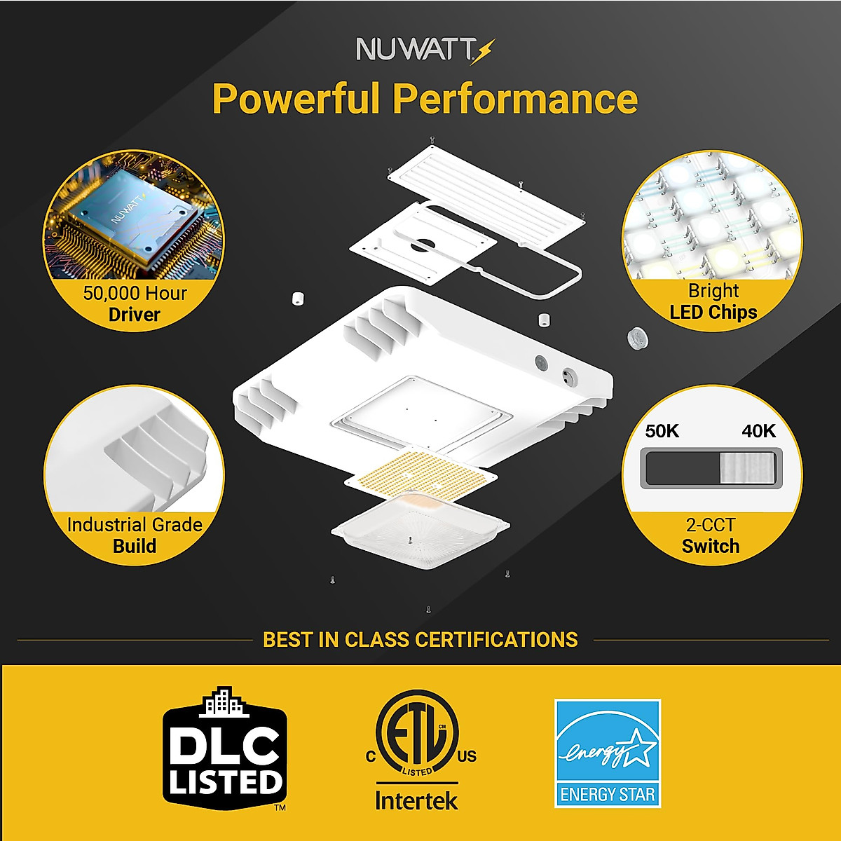 NUWATT LED Canopy Lights Outdoor 150W Waterproof LED Gas Station Light, 2CCT Selectable 4000K/5000K, 21250LM, Dimmable, 120-277V, IP67 Rated, LED Parking Garage Lights or Lights for Carport, 2 Pack