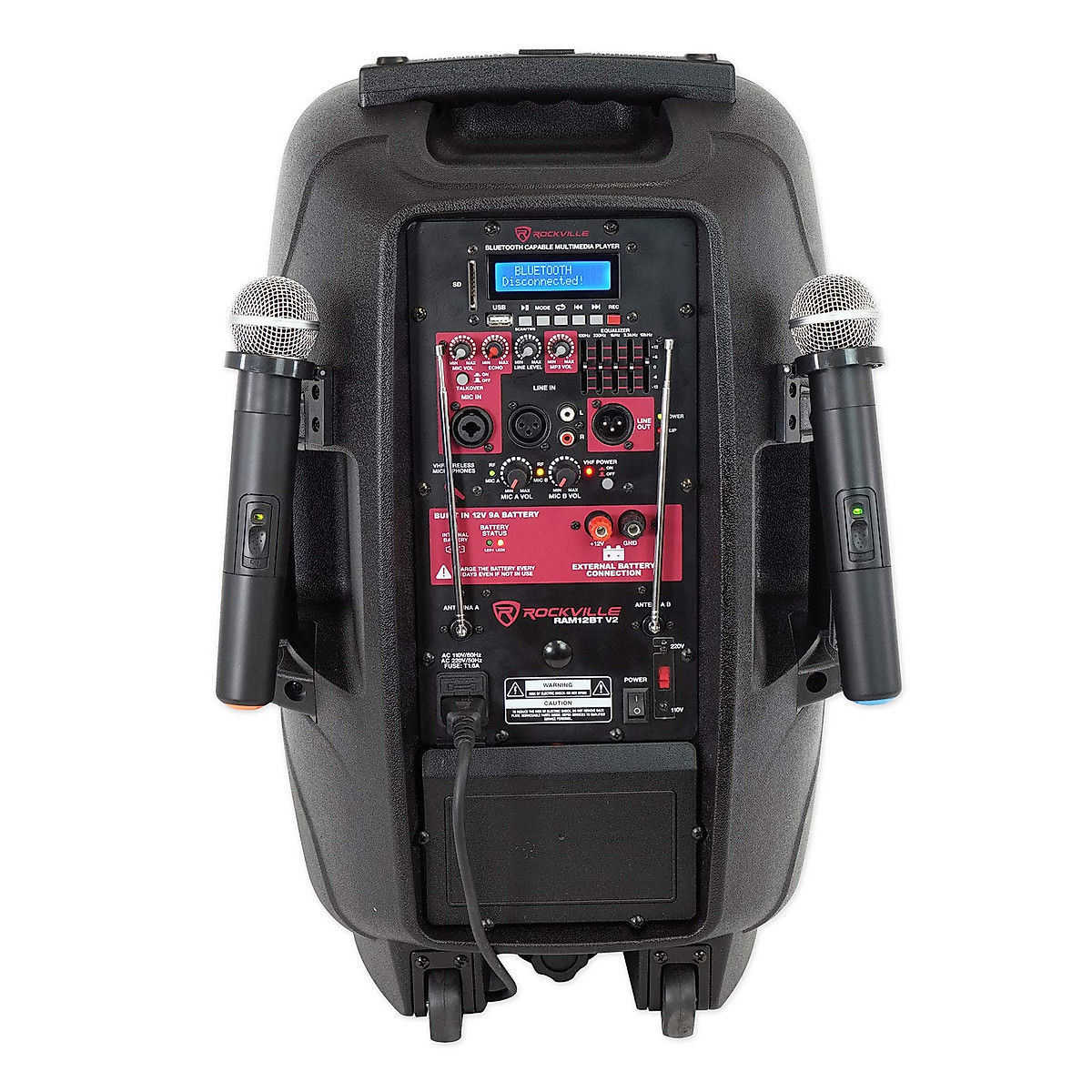 Rockville RAM12BT 12" 600W Rechargeable PA Speaker with Bluetooth, Deep Bass, Includes 2 Wireless Mics, TWS Linking, USB/SD Inputs, - Perfect for Mobile DJ and Musicians, Small Venues, Events