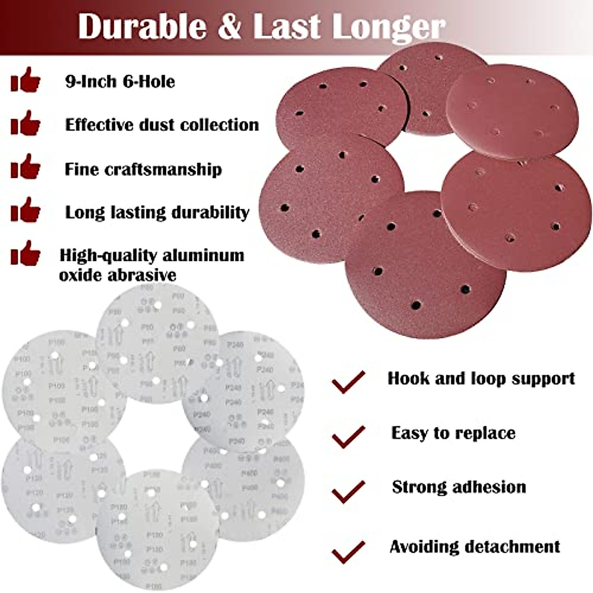 Tonmp 30 PCS 9-Inch 6-Hole Hook-and-Loop Sanding Discs Sander Paper for Drywall Sander -5 Each of 80 100 120 180 240 400 Grits