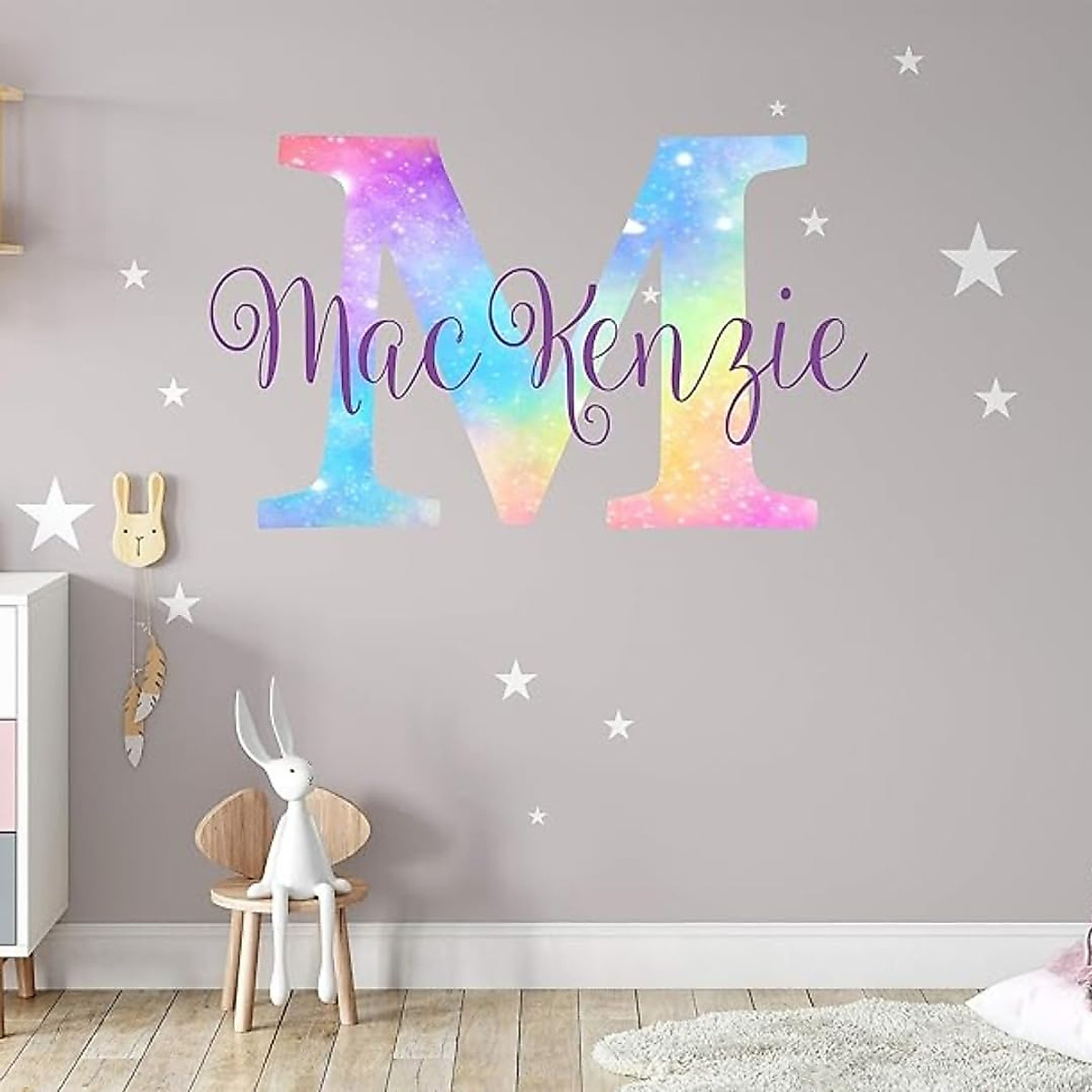 Girls Nursery Shimmer Rainbow Printed Initial and Stars Custom Personalized Name and Initial Kids Vinyl Wall Decal, Wall Sticker Decor for Babies (Multi-Size Choices). (Shimmer Rainbow)