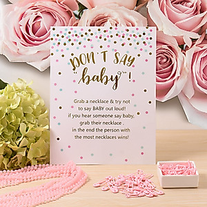 ZJJZGYXINTAI Baby Shower Games for Girl, Including 1 Don’t Say Baby Sign and 24Pcs Pink Beaded Necklace 72Pcs Pink Mini Pin