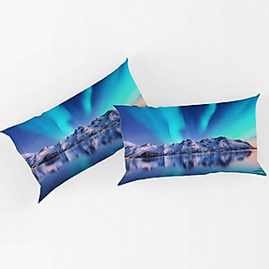 Feelyou Aurora Theme Bedding Sets Aurora Borealis Northern Lights Duvet Cover Nature Astronomical Landscape, Snow Mountain Pattern Comforter Set for Kids Teens, 3-Piece Queen Bedding Decoration Gift