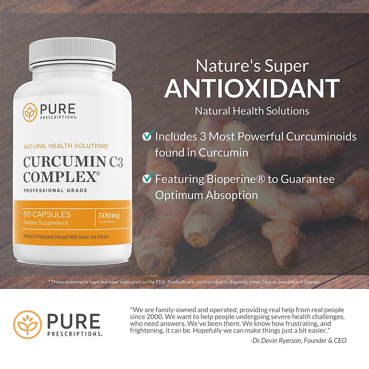 Pure Prescriptions Turmeric Curcumin C3 Complex - Bioperine for Optimum Absorption - 1500Mg Per Serving - 90 Veg Capsules - Made in USA