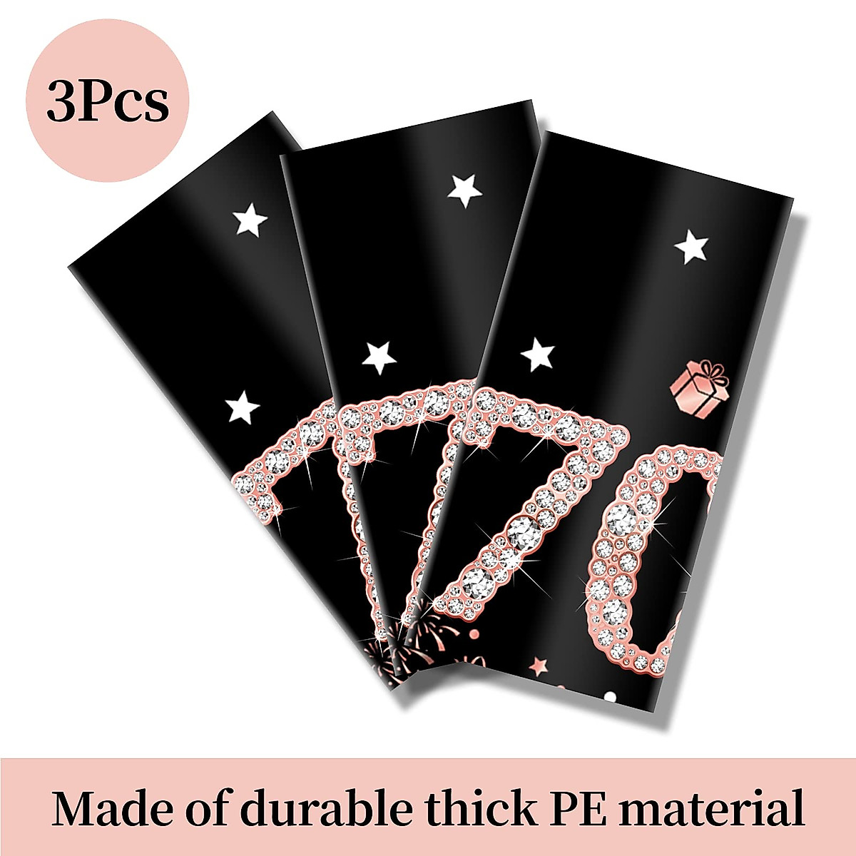 3 Pack 70th Birthday Tablecloth Decorations for Women, Rose Gold Happy Seventy Birthday Theme Table Cover Party Supplies, 70 Year Old Birthday Plastic Disposable Rectangular Table Cloth Decor